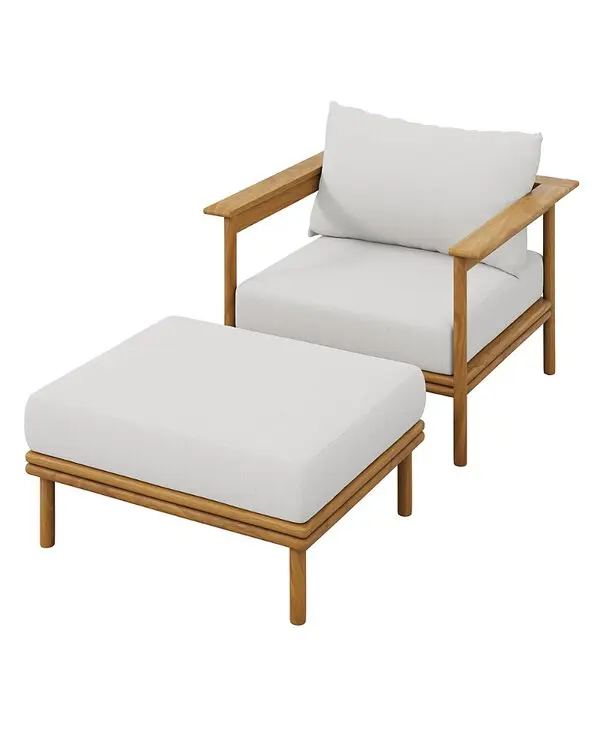 MODWAY Wren Outdoor Patio Teak Wood Armchair And Ottoman, Set Of 2 - Natural Sail