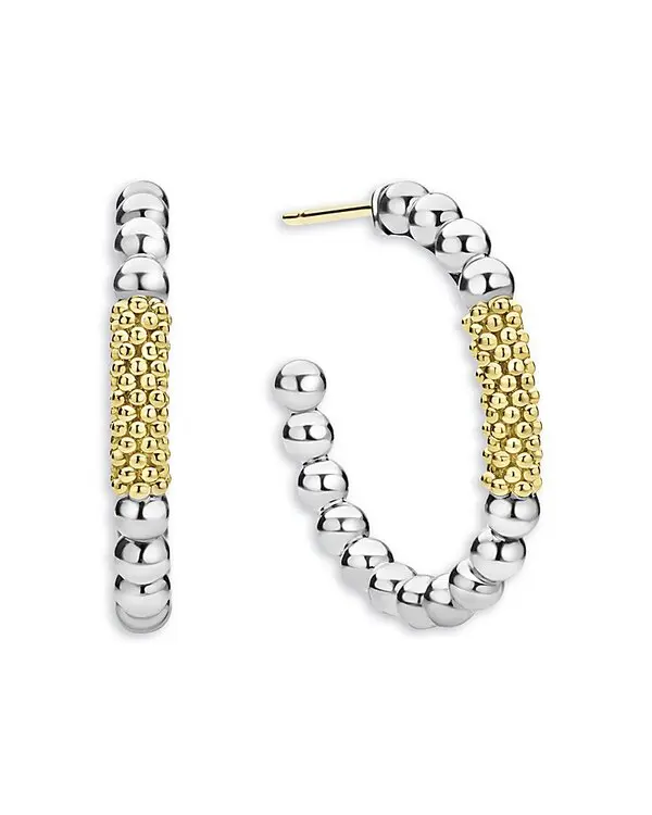 Lagos 18k Yellow Gold & Sterling Caviar Icon Bar Bead Hoop Earrings - Silver
