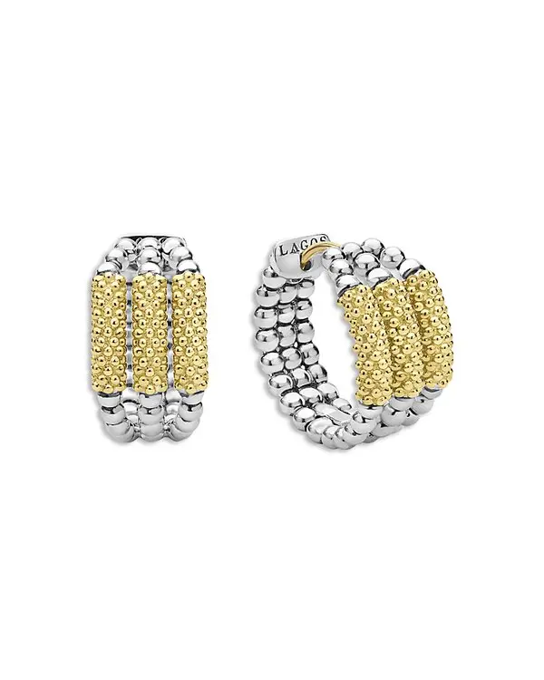 Lagos 18k Yellow Gold & Sterling Caviar Icon Triple Bar Beaded Hoop Earrings - Silver