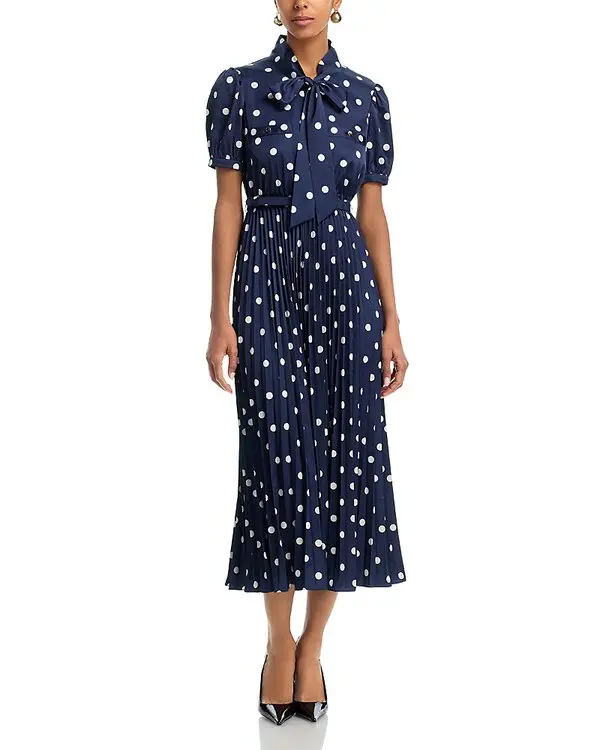 SELF-PORTRAIT Polka Dot Satin Midi Dress - Navy