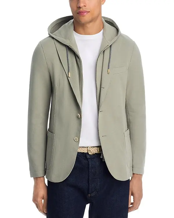 Eleventy Cotton Pique Jersey Jacket With Removable Hood - Sage