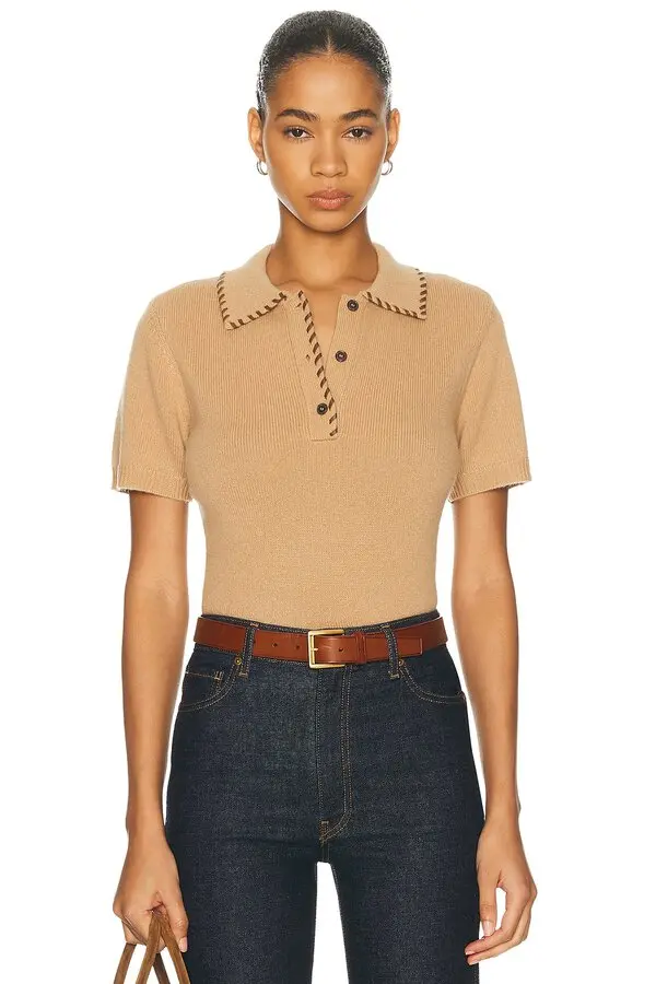 FRAME The Leather Stitch Polo Top - Camel
