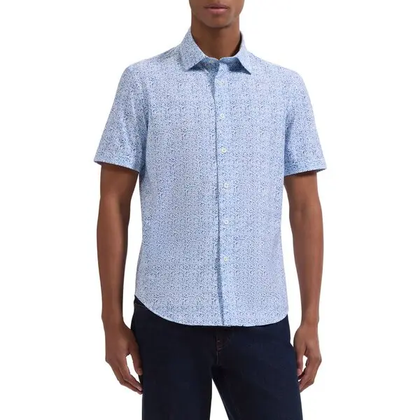 Bugatchi Miles Ooohcotton® Mosaic Print Short Sleeve Button-up Shirt - Classic Blue