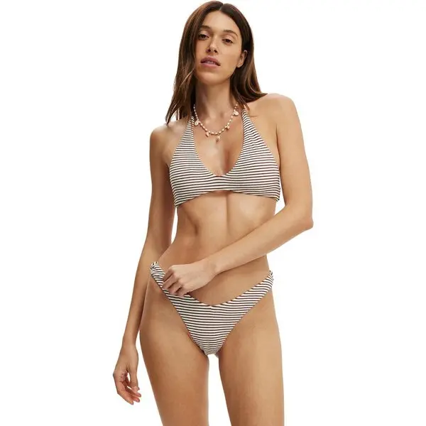 Cotton:on Dip Front High Side Brazilian Bikini Bottom - Terry Stripe Brown