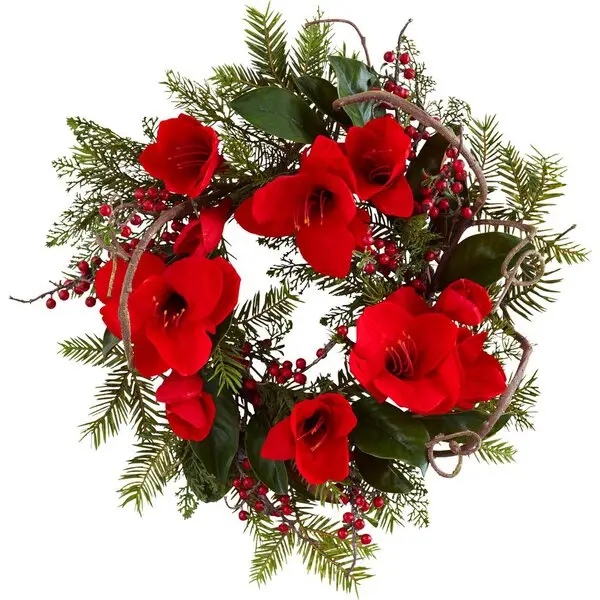 NEARLY NATURAL 24-in Amaryllis Wreath - Red