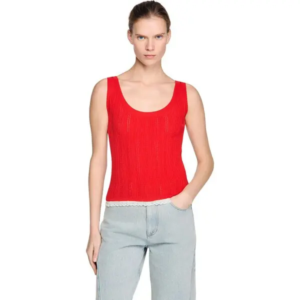Sandro Knit Tank With Lace Trim - Red
