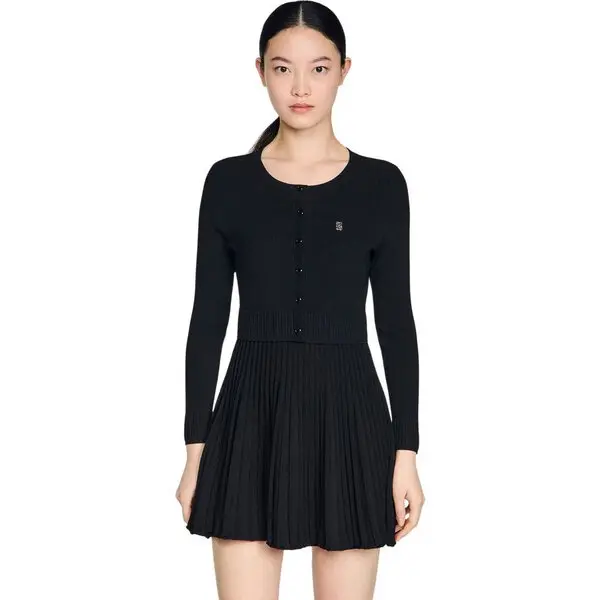 Sandro Pleated Knit Short Dress - Black