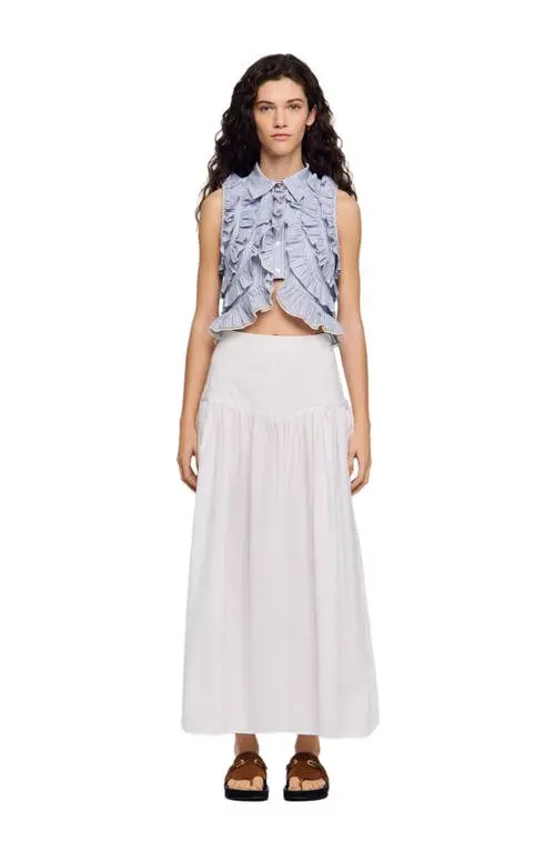 Sandro Long Poplin Flared Skirt With Cut-outs