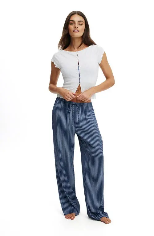 Cotton:on Washed Satin Wide Leg Pant - Danny Stripe Steely Blue