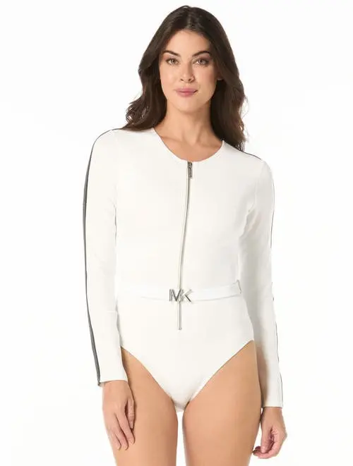 Michael Kors Signature Scuba Long Sleeve Rashguard Swimsuit - White