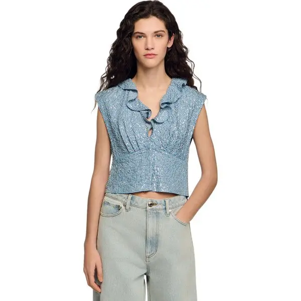 Sandro Striped Sequin Crop Top - Blue
