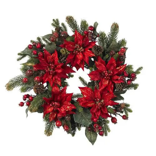 NEARLY NATURAL 24-in Poinsettia & Berry Wreath - Red