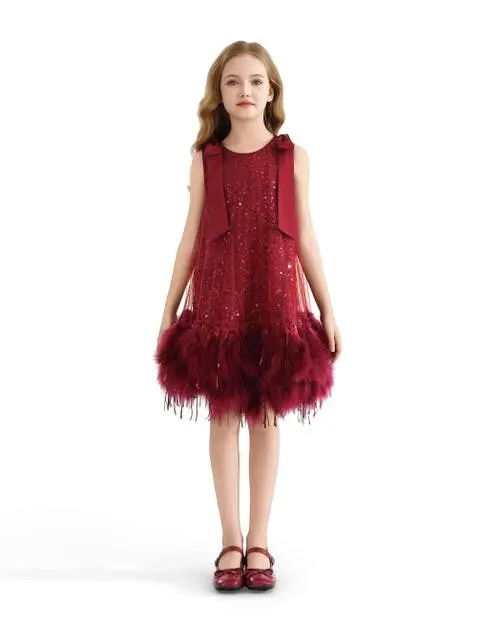 TULLEEN Sequin Feather Dress - Red