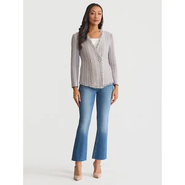 Misook Asymmetrical Fringe Trim Knit Jacket