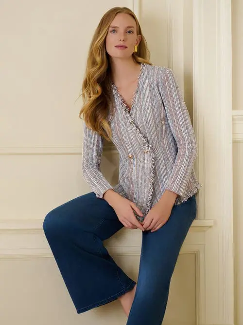 Misook Asymmetrical Fringe Trim Knit Jacket