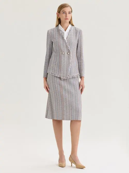 Misook Asymmetrical Fringe Trim Knit Jacket