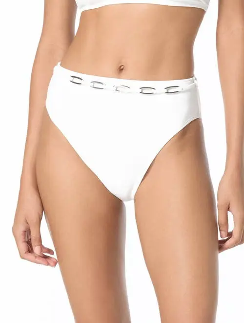 Michael Kors Oval Link Belted High Waist Bikini Bottom - White