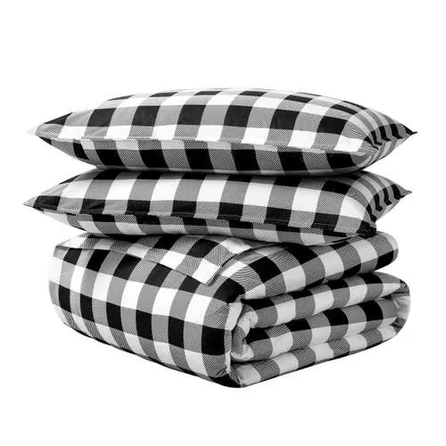 BARE HOME 100% Cotton Flannel Duvet Cover & Sham Set - Buffalo Plaid - White/black