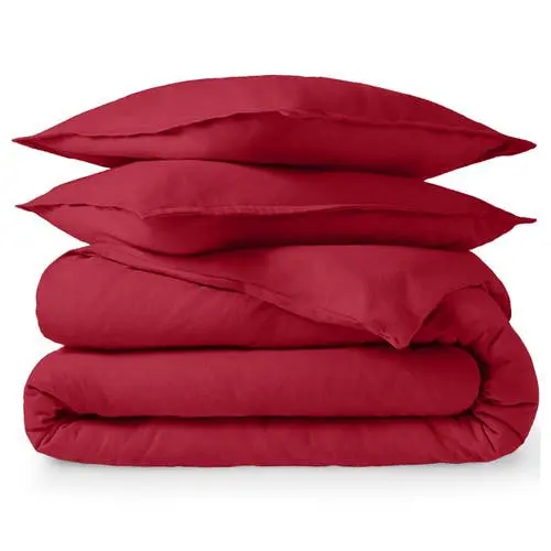 BARE HOME 100% Cotton Flannel Duvet Cover & Sham Set - Red