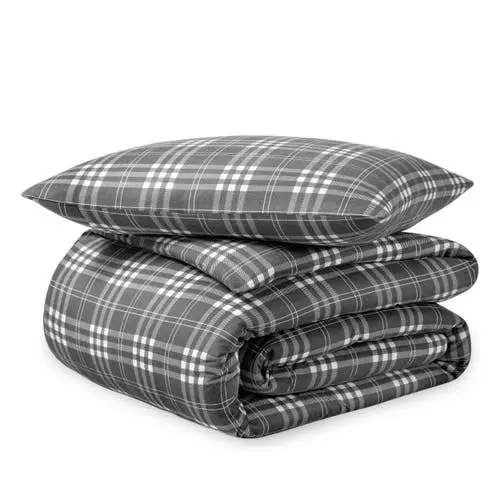 BARE HOME 100% Cotton Flannel Duvet Cover & Sham Set - Stirling Plaid - Grey/white