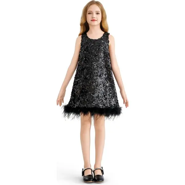 TULLEEN Sequin Feather-hem Dress - Black