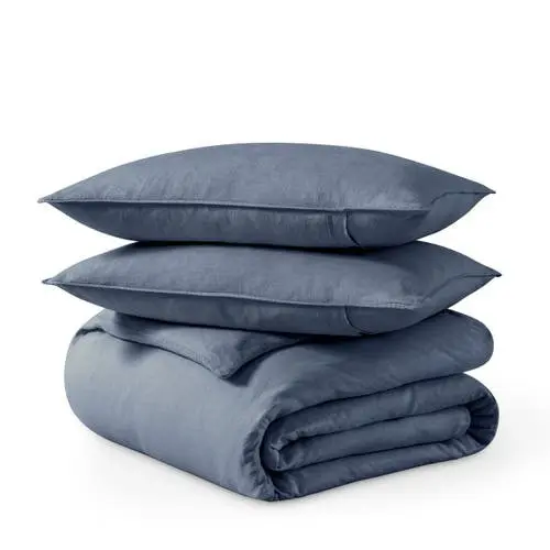 BARE HOME 100% European Linen Duvet Cover And Sham Set - Indigo