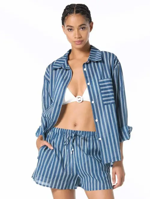 Michael Kors Marina Stripe Cover Up Shirt Swim - River Blue