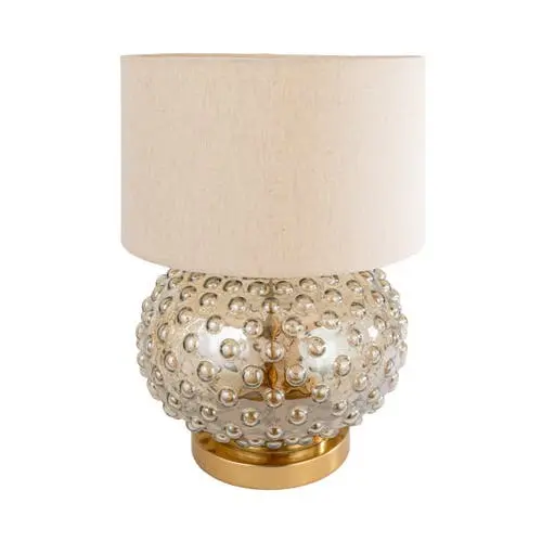 STORIED HOME Glass Hobnail Table Lamp With Brass Finish Base, Cotton Shade And Inline Switch - Grey