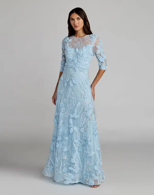 Mac Duggal High Neck Embellished Lace Gown With 3/4 Sleeves - Blue