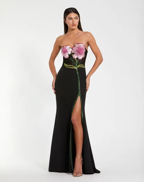 Mac Duggal Strapless Embroidered Bustier Gown - Black