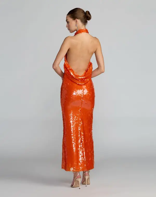 Mac Duggal Sequin Halter Gown With Open Back - Orange
