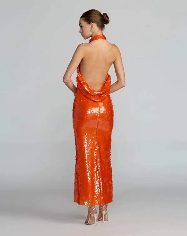 Mac Duggal Sequin Halter Neck Open Back Dress - Orange
