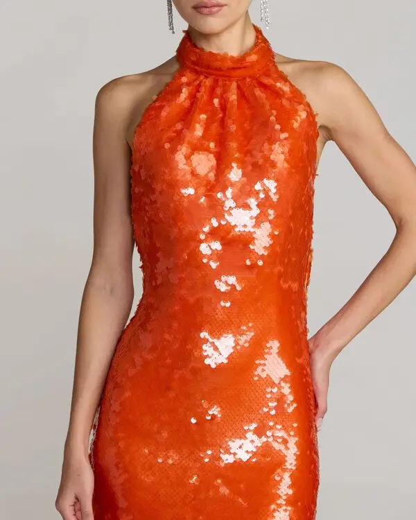 Mac Duggal Sequin Halter Neck Open Back Dress - Orange
