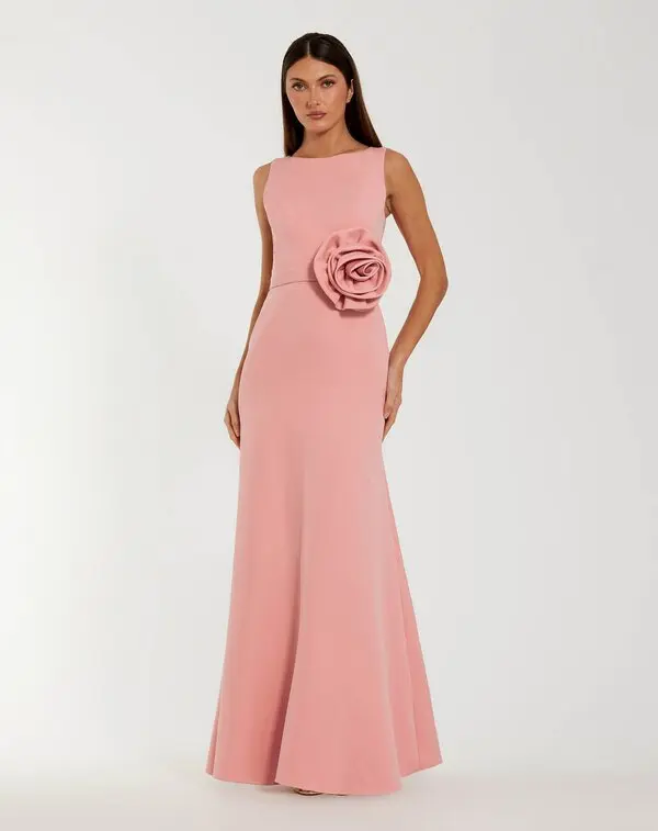 Mac Duggal Pink Boat Neck Crepe A Line Gown With Flower - Rose