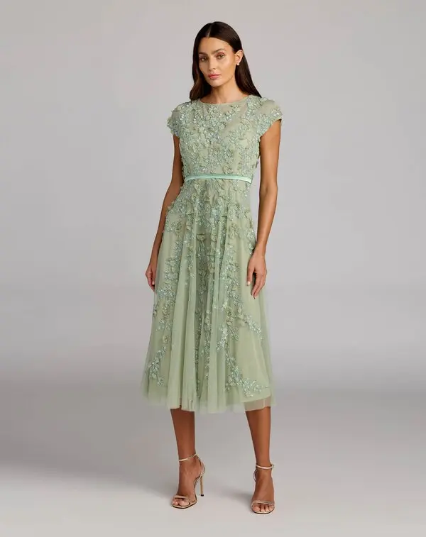 Mac Duggal Petite Green Floral Embellished Cap Sleeve Midi Dress - Sage