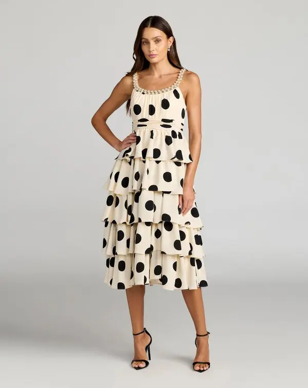 Mac Duggal Polka Dot Pearl Trim Ruffle Midi Dress - Black Ivory