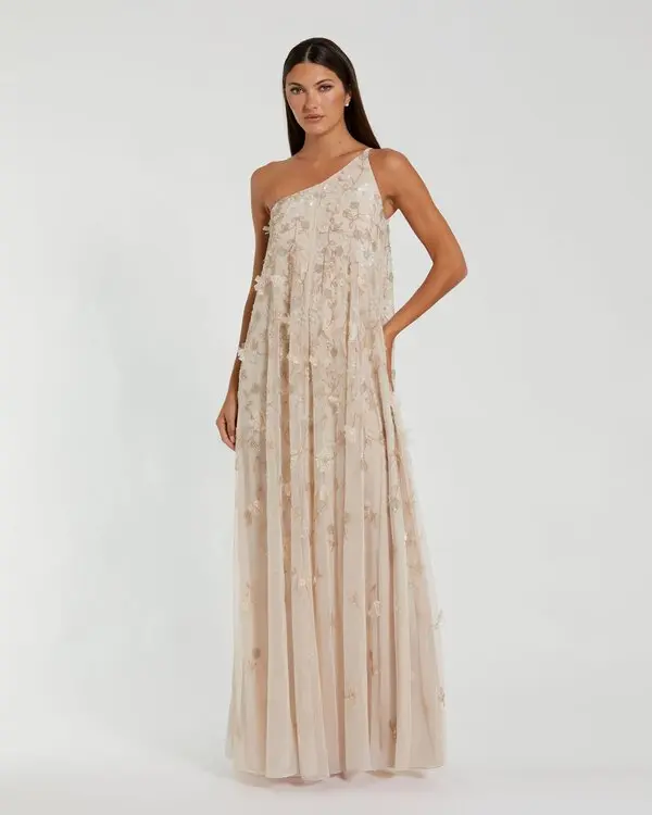 Mac Duggal One Shoulder Floral Embellished Gown