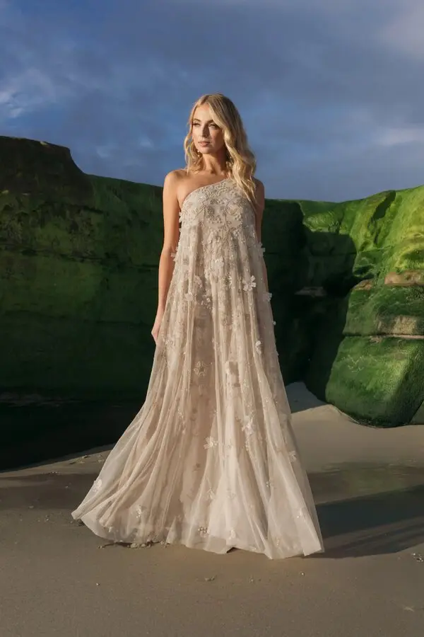 Mac Duggal One Shoulder Floral Embellished Gown