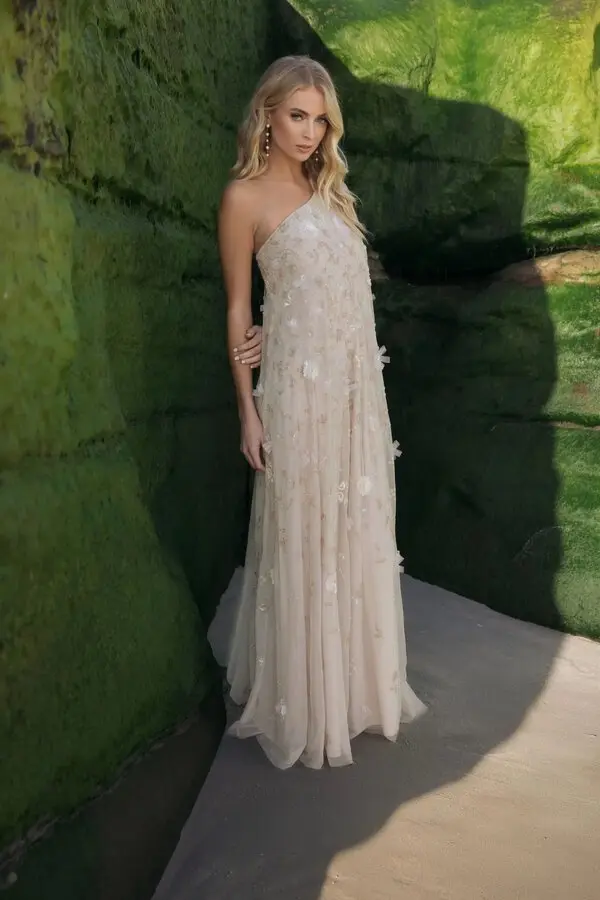 Mac Duggal One Shoulder Floral Embellished Gown