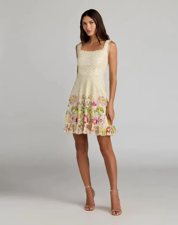 Mac Duggal Floral Sequin Square Neck Mini Dress
