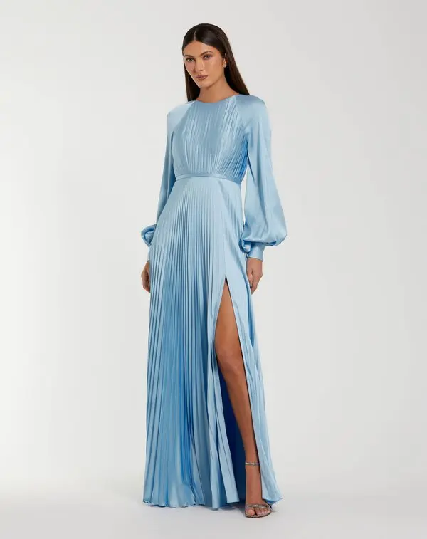Mac Duggal Pleated High Neck Raglan Long Sleeve Side Slit Gown - Blue