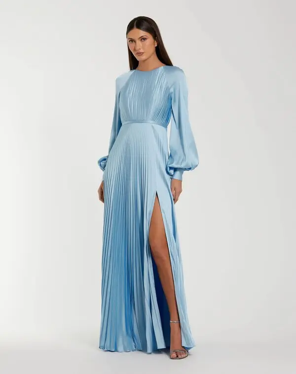 Mac Duggal Pleated High Neck Raglan Long Sleeve Side Slit Gown - Blue