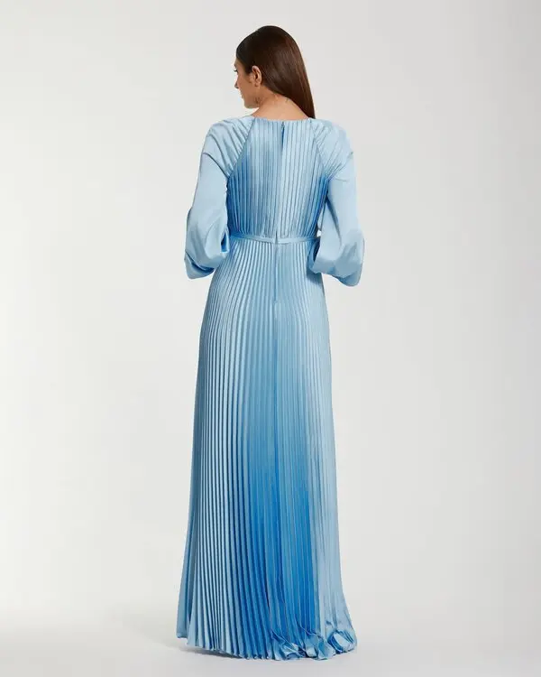 Mac Duggal Pleated High Neck Raglan Long Sleeve Side Slit Gown - Blue