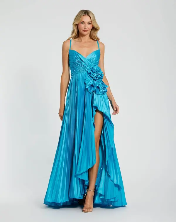 Mac Duggal Blue Pleated High Low Gown With 3d Flower - Turquoise