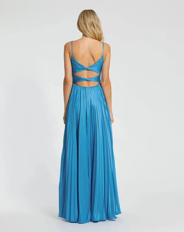 Mac Duggal Pleated Chiffon Gown With Floral Appliqué And High-low Hem
