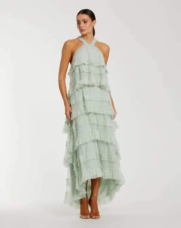 Mac Duggal Tiered Ruffle Halter Neck Midi Dress - Green