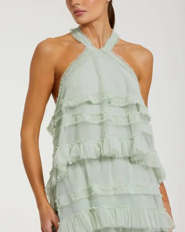 Mac Duggal Tiered Ruffle Halter Neck Midi Dress - Green