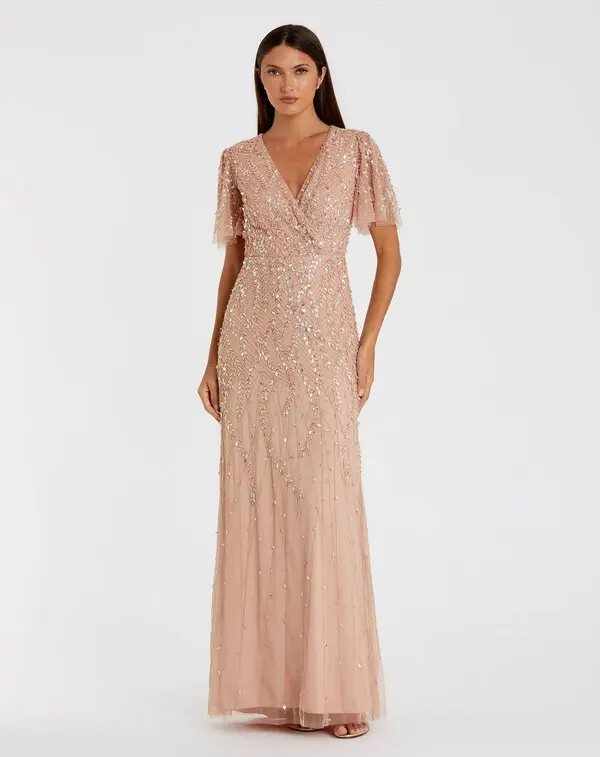 Mac Duggal Embellished Flutter Sleeve Gown - Pink