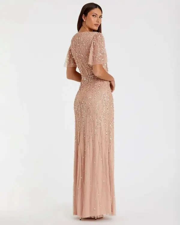 Mac Duggal Embellished Flutter Sleeve Gown - Pink