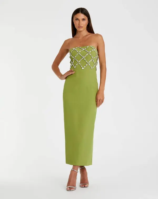 Mac Duggal Green Strapless Crystal Embellished Midi Dress - Apple Green